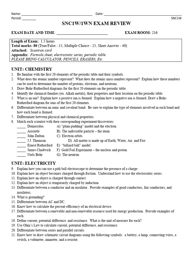 Snc1w Exam Review 2024 | PDF | Chemistry | Voltage