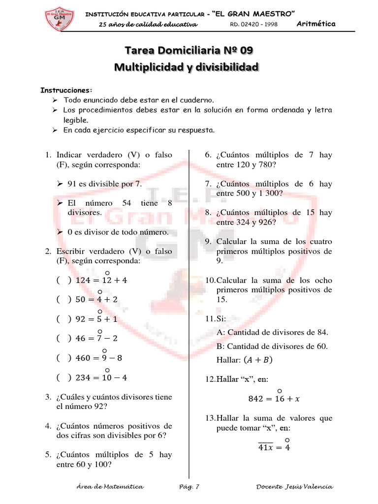 Tema 09 - Trabajo - 1ro - Aritmética - Multiplicidad y divisibilidad | Descargar gratis PDF ...