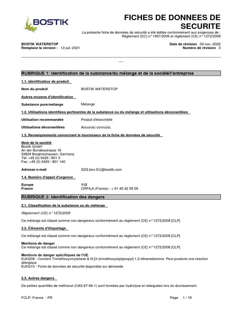 Fiche de sécurité Bostik Waterstop | PDF | Méthanol | Lutte contre l ...