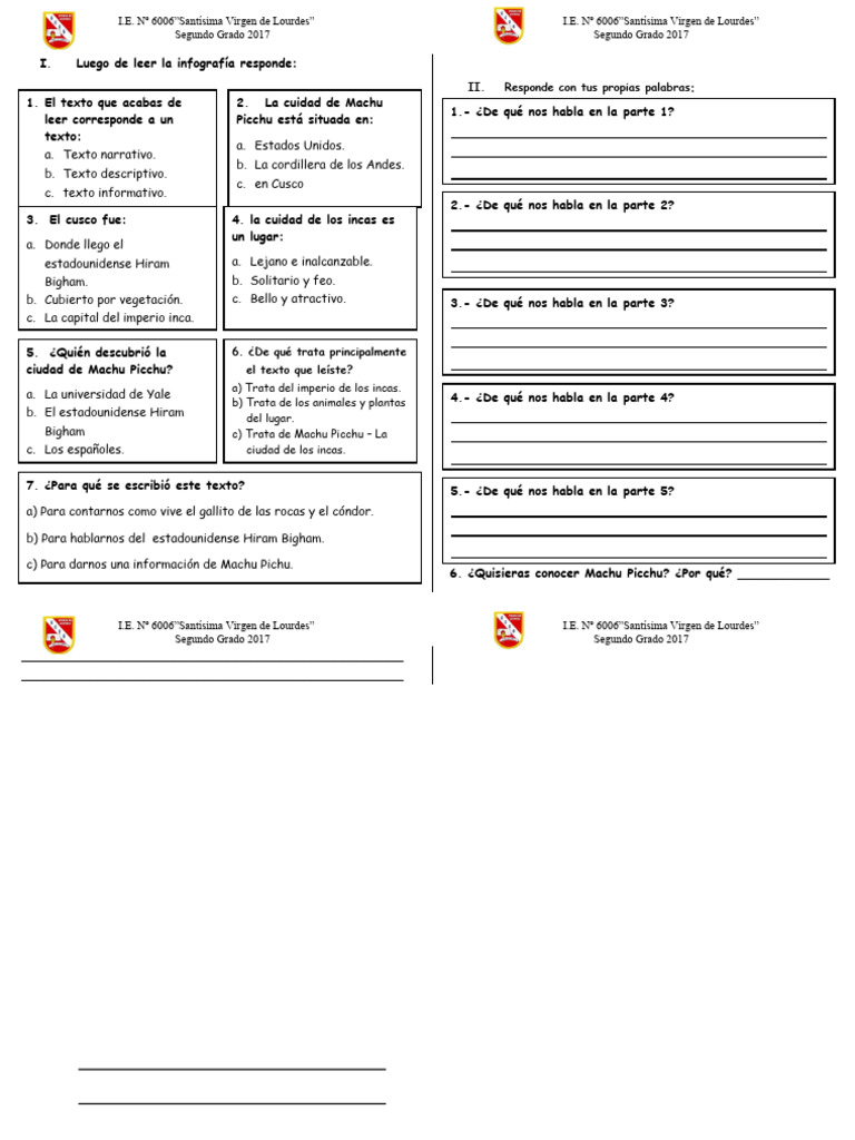 Ficha Comprension Machu Picchu | PDF | Machu Picchu