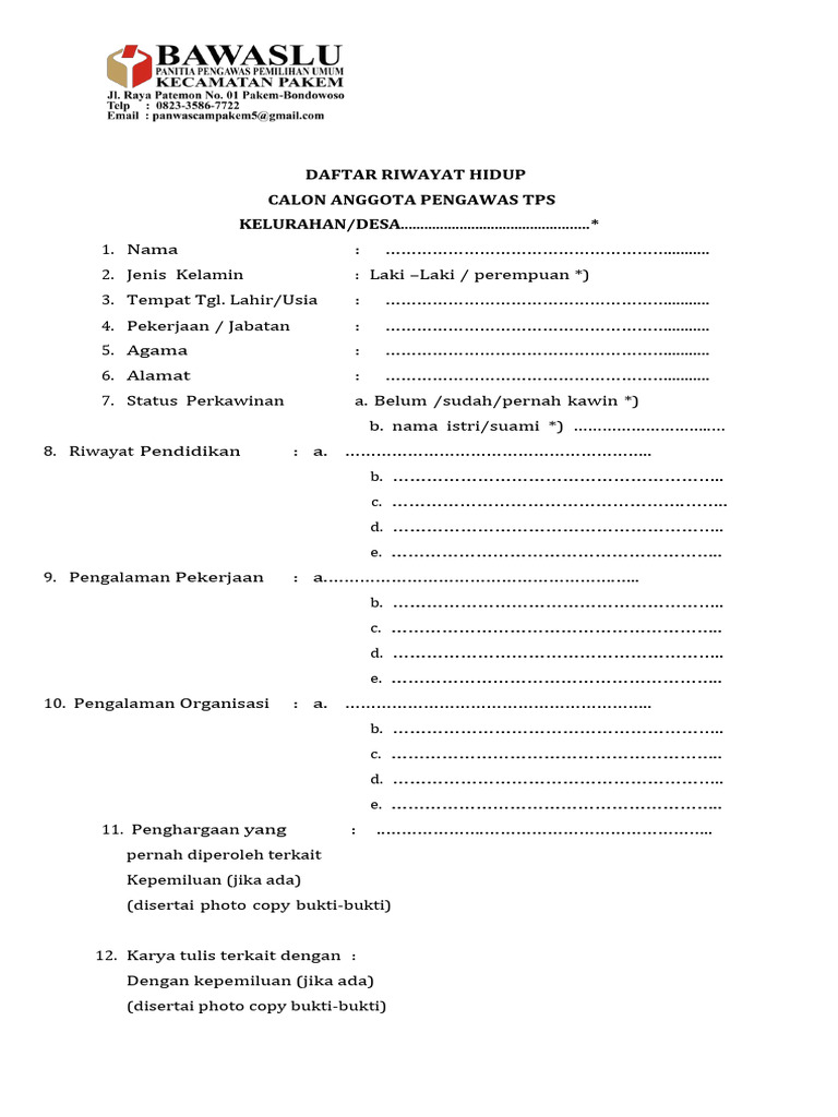 Daftar Riwayat Hidup Calon Anggota PTPS | PDF