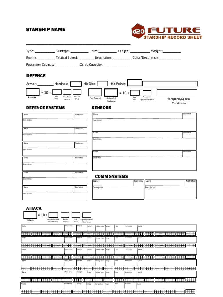 D20F Starship Record Sheet | PDF | Aviation