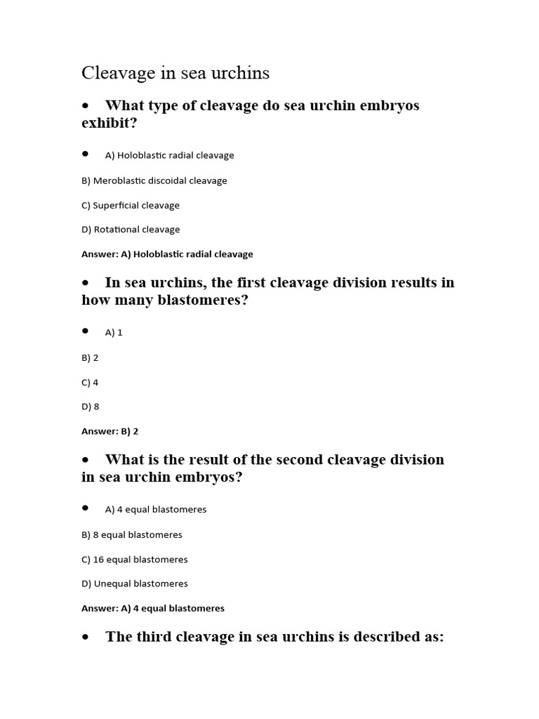 MCQS On Sea Urchins | PDF | Embryo | Biological Processes
