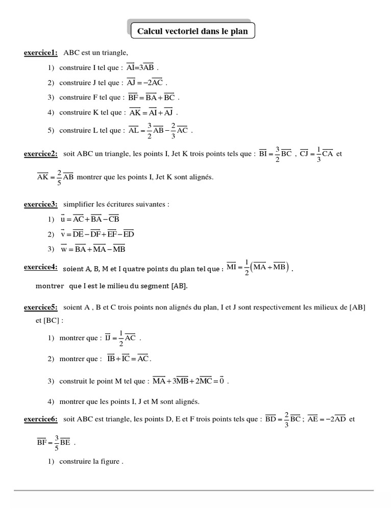 Exercices de calcul vectoriel dans le plan | PDF | Concepts ...