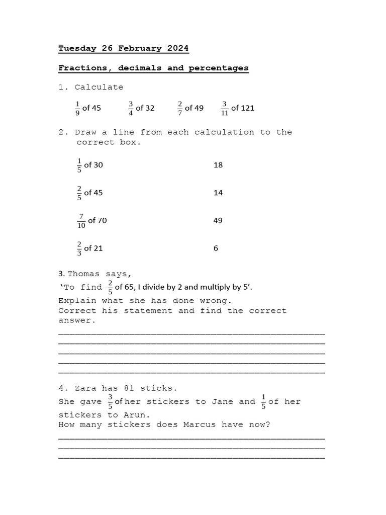 Fractions and Percentages Practice Worksheet | PDF