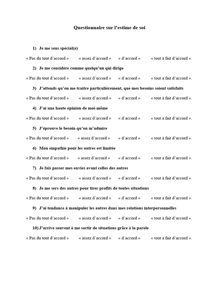 Questionnaire sur l'estime de soi | PDF | Arts du langage et discipline