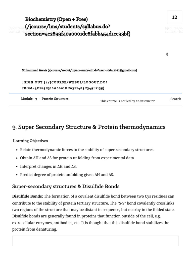 Super Secondary Structure & Protein Thermodynamics | PDF | Cysteine | Enthalpy