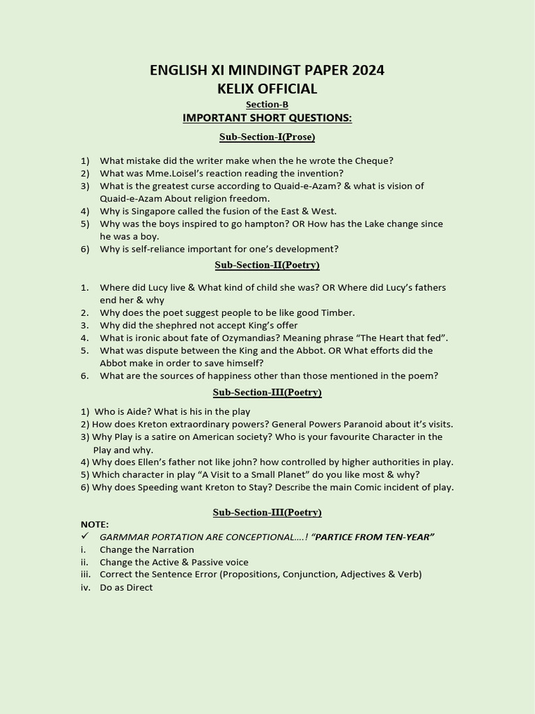 English XI Midnight Target Paper 2024 | PDF | Games & Activities ...