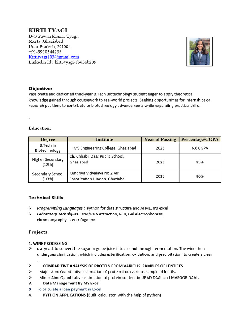 Kirti Tyagi Resume | PDF | Biotechnology | Biology