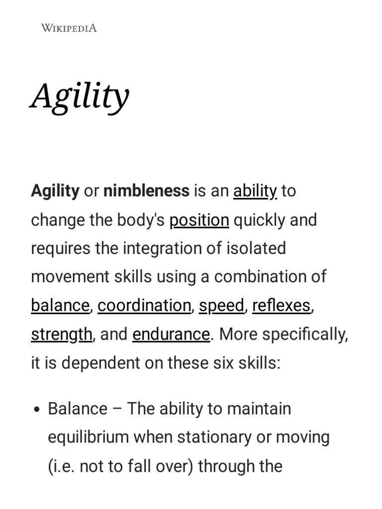 Agility - Wikipedia | PDF | Balance (Ability) | Motor Coordination