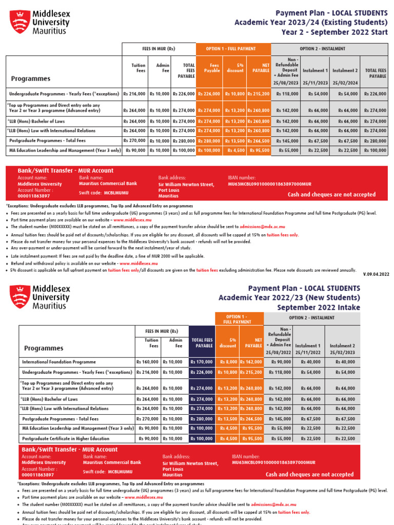 Year 2 Local Fees (September 2022 Start) | PDF | Payments | Fee