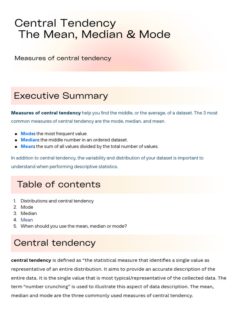 Understanding Central Tendency Measures | PDF | Mode (Statistics) | Mean