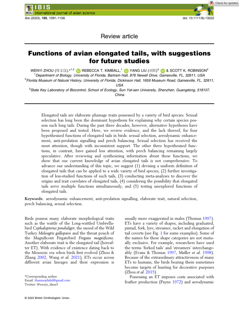 Functions of avian elongated tails with suggestions for future studies - Review Article | PDF ...