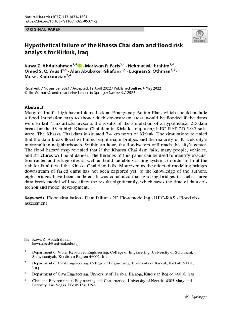 ABDULRAHMAN Et Al. 2022. Hypothetical Failure of The Khassa Chai Dam and Flood Risk Analysis For ...
