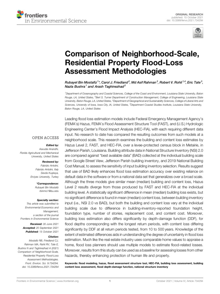 MOSTAFIZ Et Al. 2021. Comparison of Neighborhood Scale Residential Property Flood Loss ...