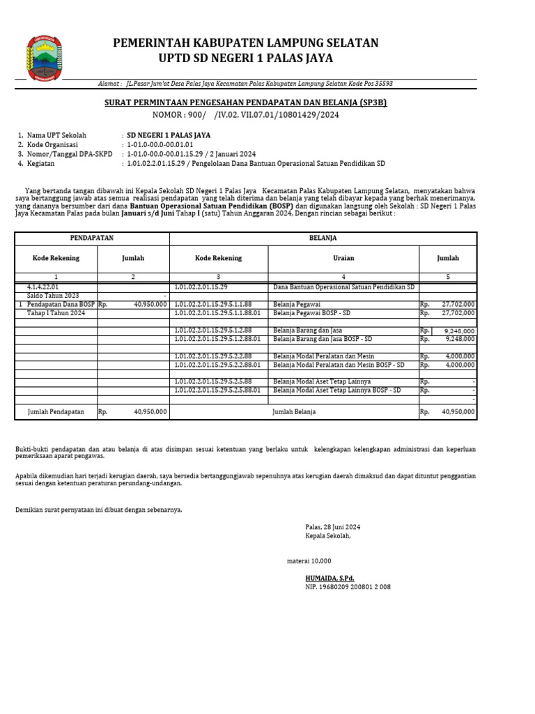 Format Sp3b Bos SD Palas Jaya Tahap I Tahun 2024 | PDF