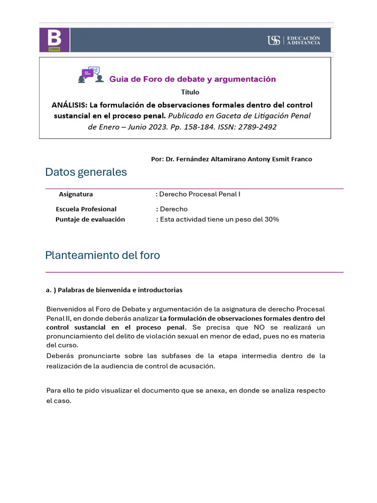 Guía - Material - Rúbrica para El Foro de Debate y Argumentación - DPPI - 2024-1 | PDF | Ley ...