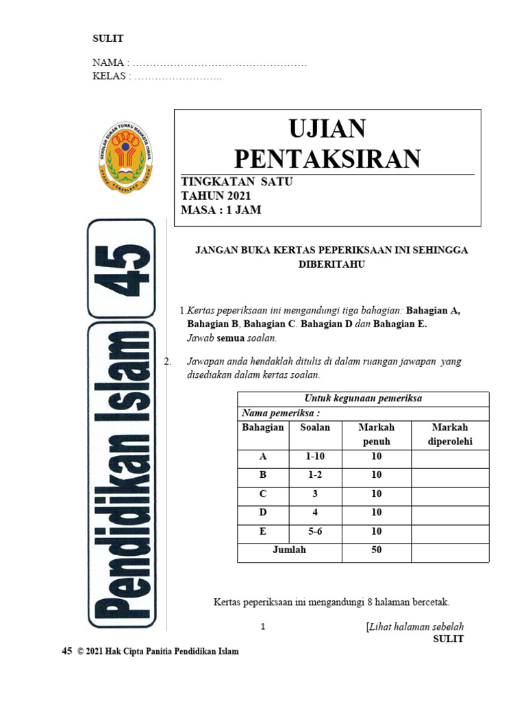 PAT FORM 1 2021 (1 Jam) | PDF