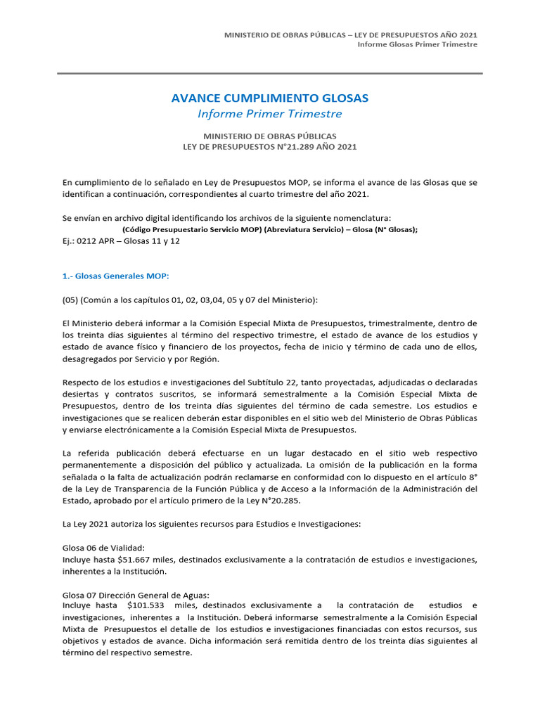 Informe de Glosas MOP 2021 | PDF | Presupuesto | Ingeniero civil