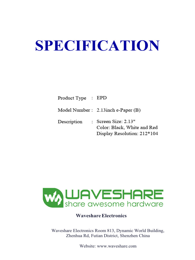 2.13inch e Paper B Specification | PDF | Microcontroller | Power Supply