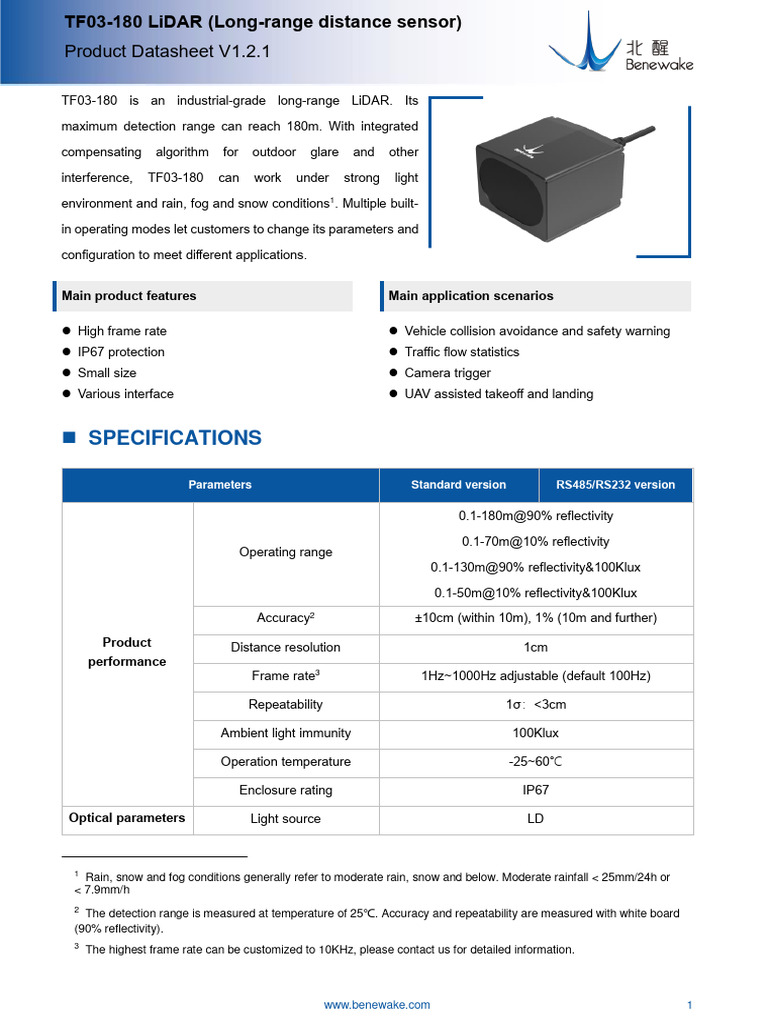 Specifications: Product Datasheet V1.2.1 | PDF | Lidar