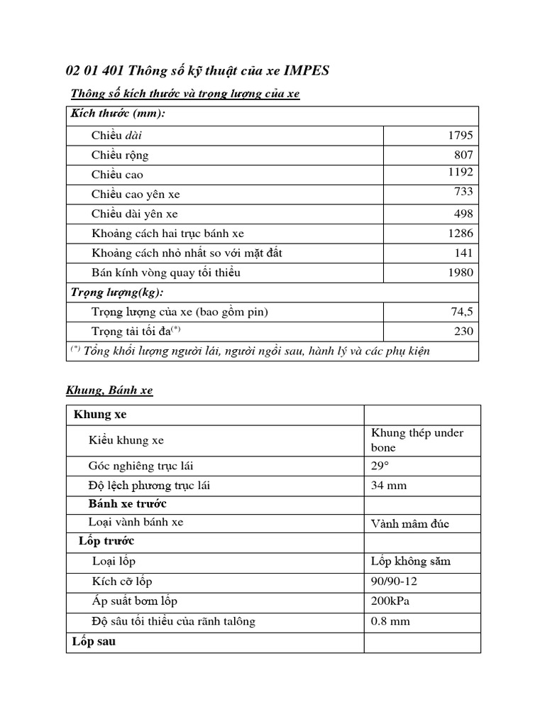 1. Cẩm nang sửa chữa xe máy điện Vinfast Impes 2019 về thông số kỹ thuật của xe | PDF