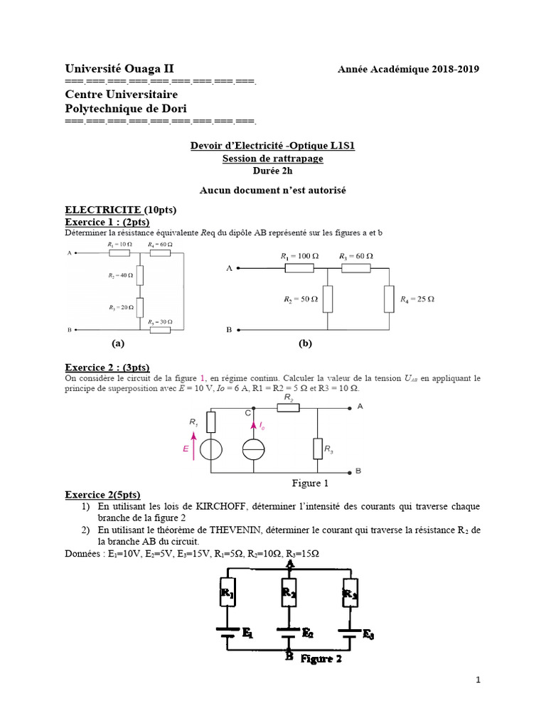 Devoir Electricite Optique Rattrapage 2018-2019 | PDF | Indice de réfraction | Optique