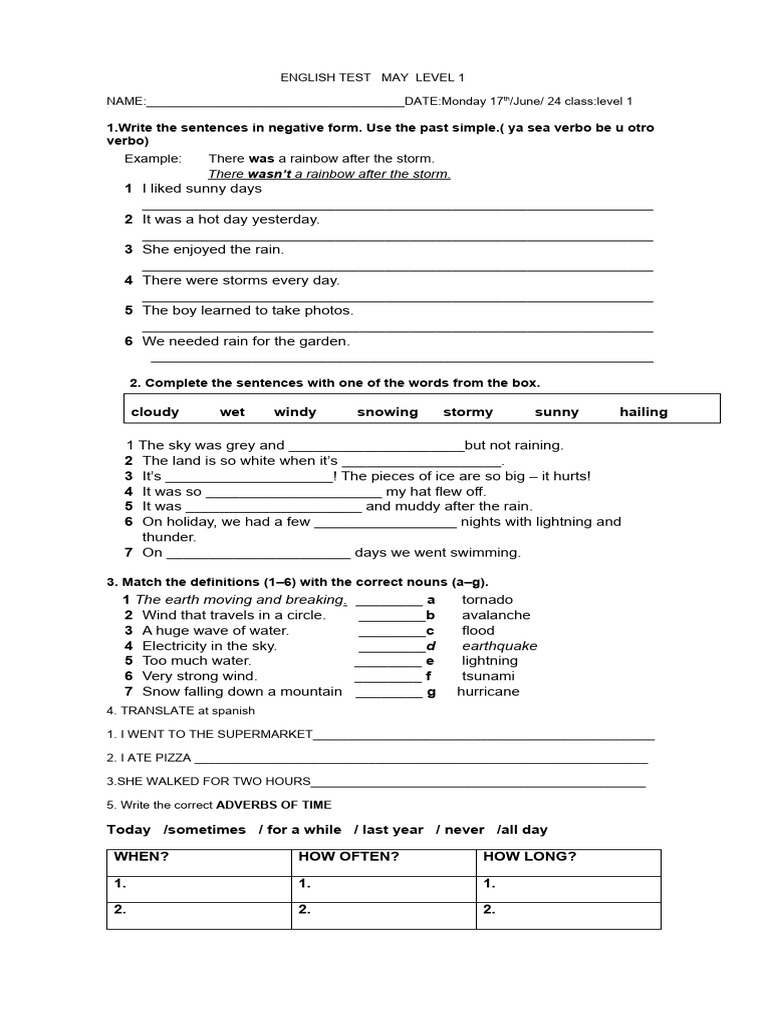 Level 1 English Test: Grammar & Vocabulary | PDF | Storms | Rain