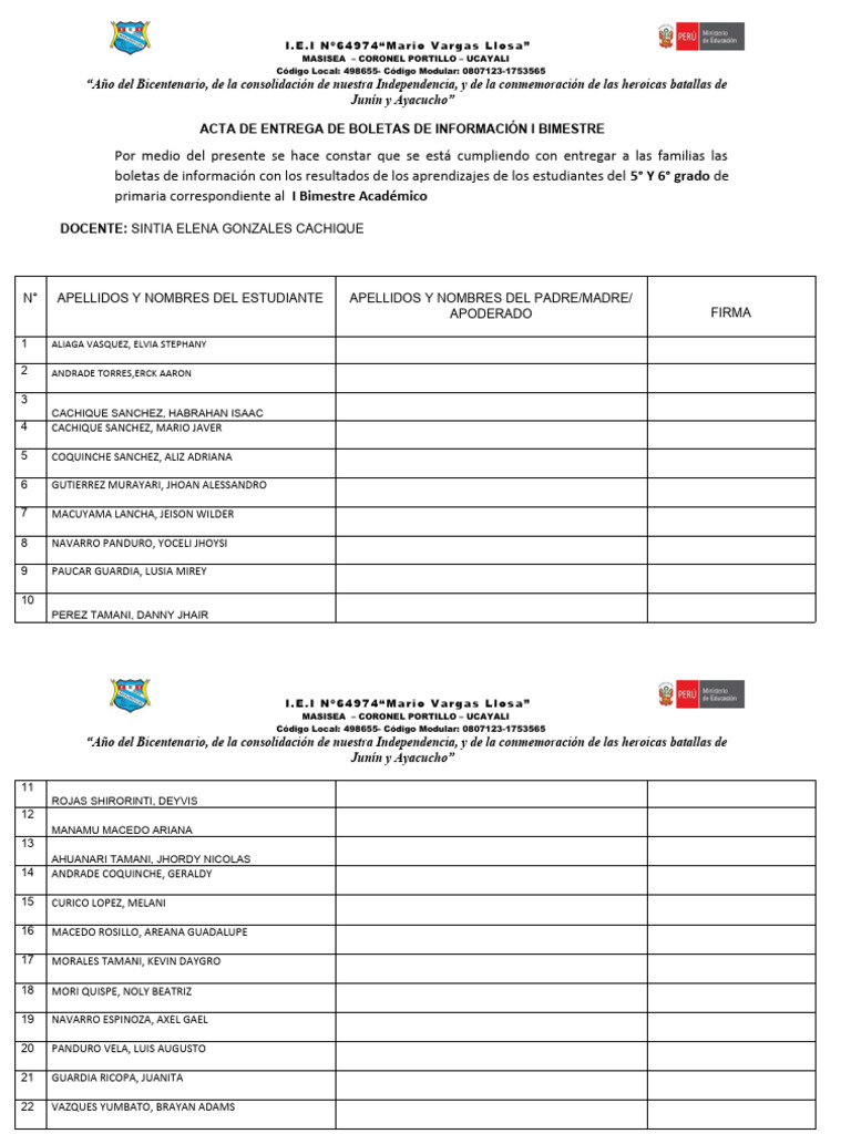 Acta de Entrega de Boletas de Información I Bimestre | PDF