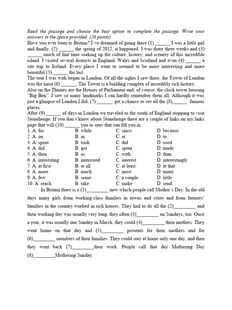 Read The Passage and Choose The Best Option To Complete The Passage ...