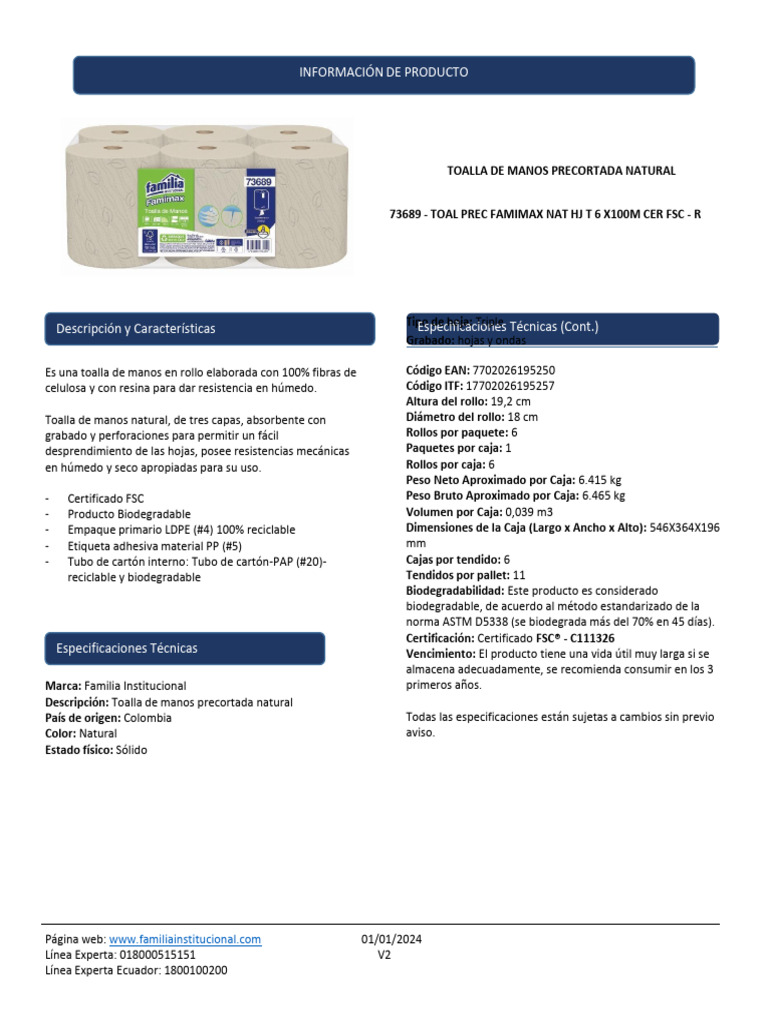 Ficha Técnica - Toalla de Manos Familia Precortada | PDF | Materiales