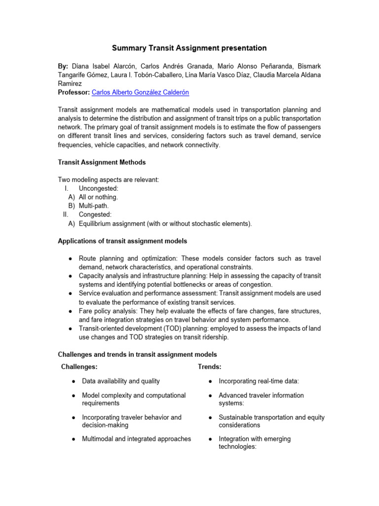 Transit Assignment Summary | PDF | Transport