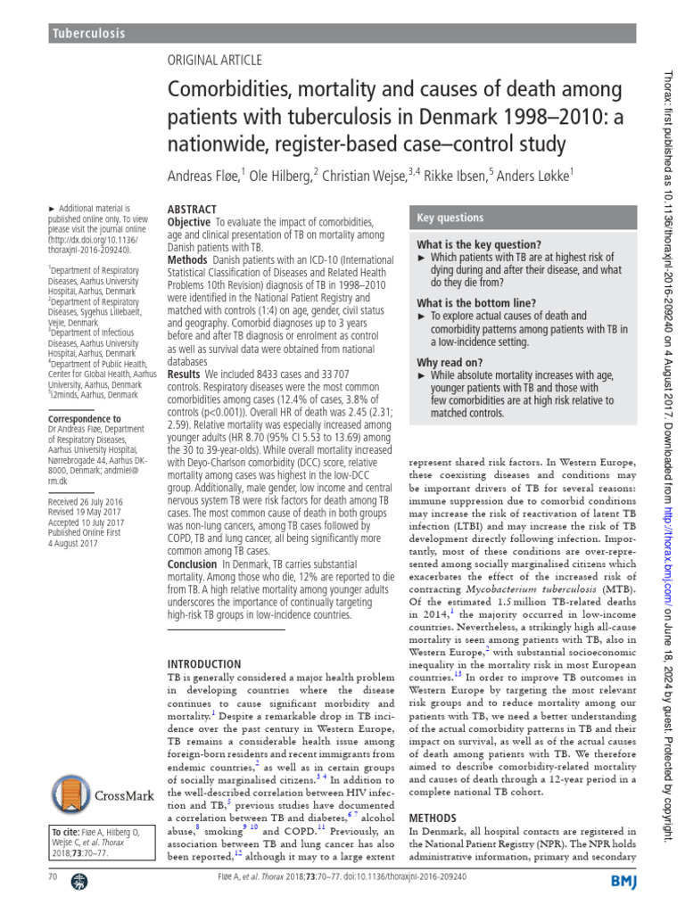 Comorbidities Mortality And Causes Of Death Among Patients With Tuberculosis In Denmark 1998