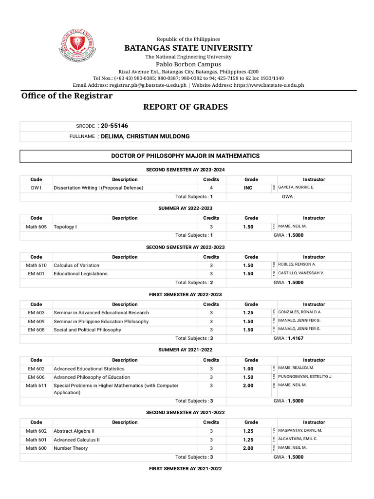 Cert of Grades | PDF | Mathematics | Mathematical Analysis