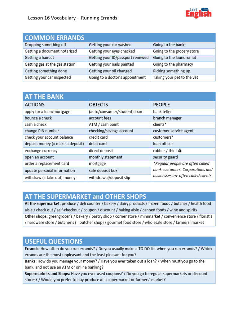 Lesson 16 Vocabulary - Running Errands | PDF | Supermarket ...