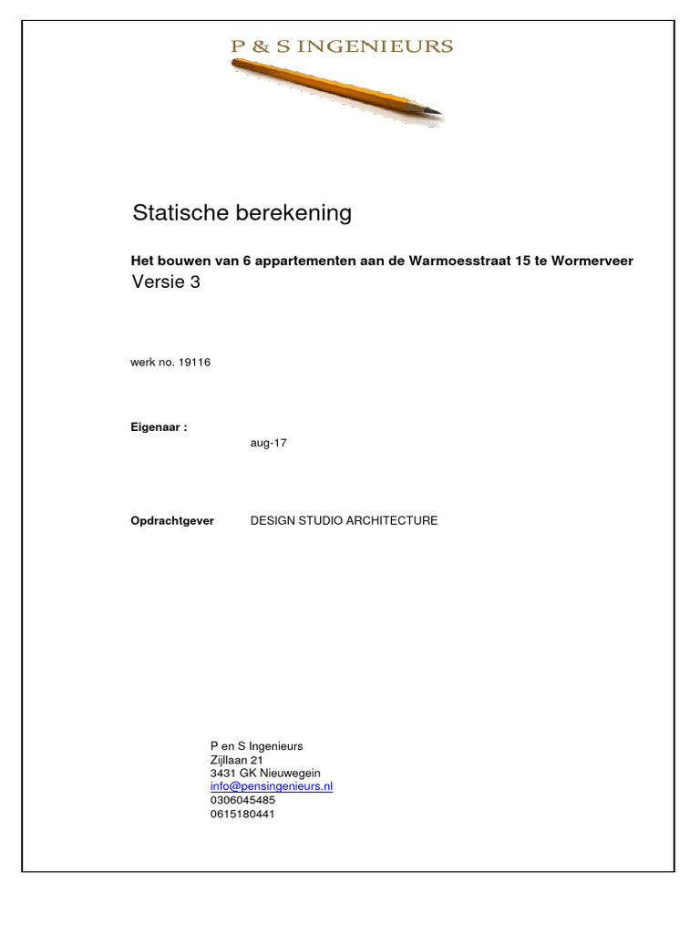 Statische Berekening. Versie 3. Het Bouwen Van 6 Appartementen Aan de ...