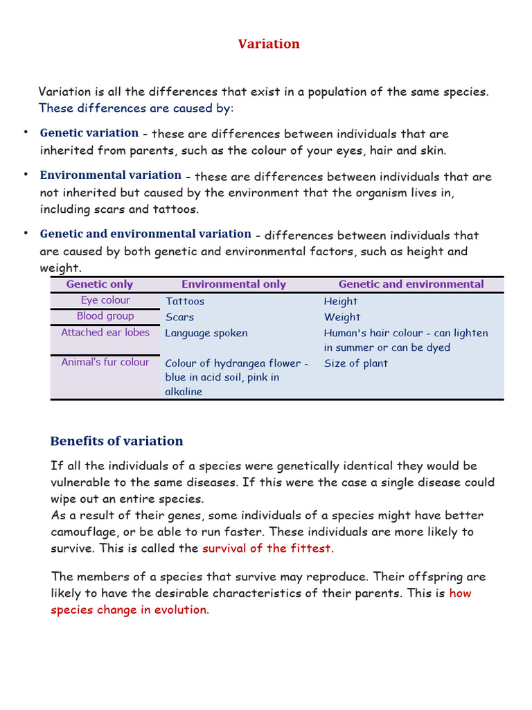 Types and Benefits of Variation in Species | PDF | Genetics | Genetic ...