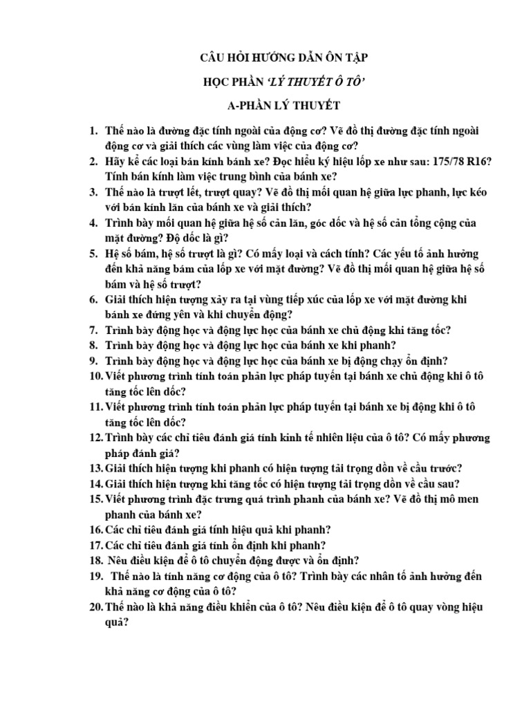 Cau Hoi Huong Dan On Tap - Ly Thuyet o To | PDF