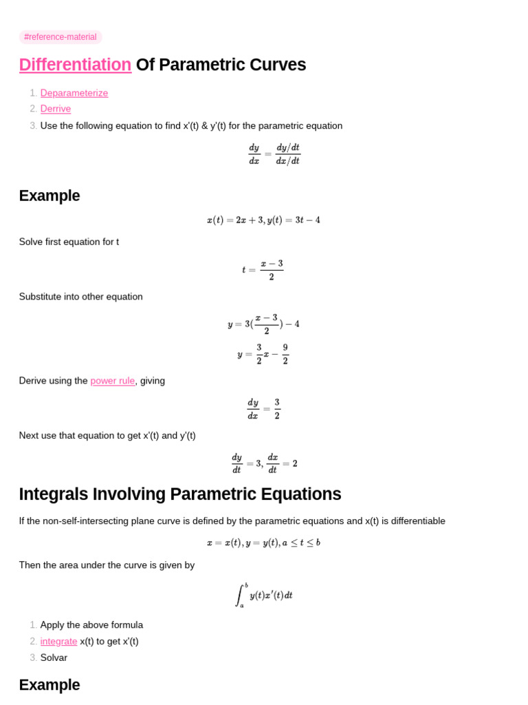Differentiation and Integration of Parametric Curves | PDF | Equations ...