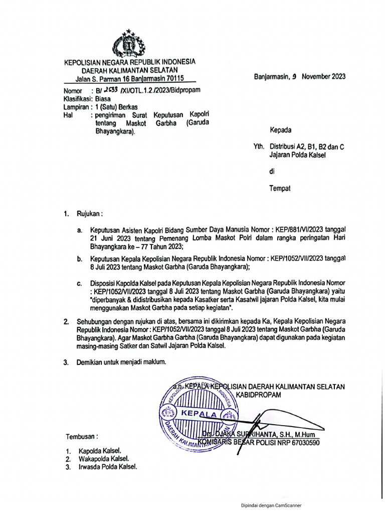 Kep Kapolri Tentang Maskot Garbha (Garuda Bhayangkara) . | PDF