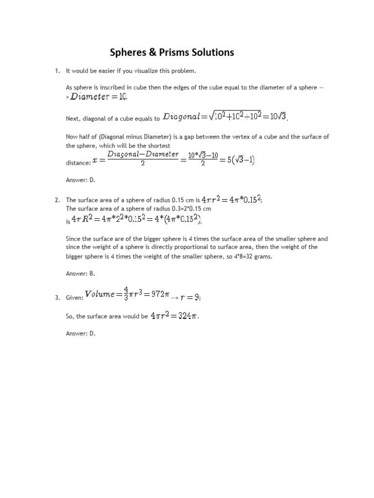Spheres & Prisms Solutions | PDF | Sphere | Area