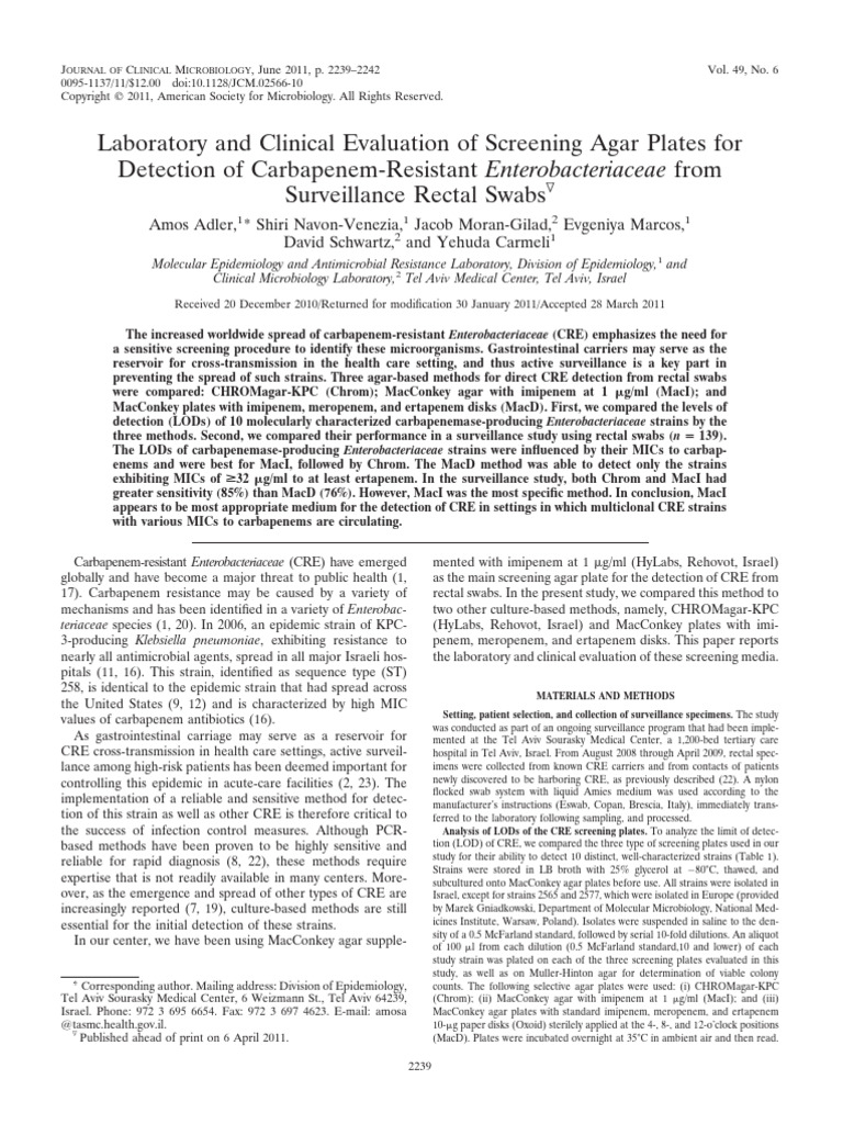 Laboratory and Clinical Evaluation of Screening Agar Plates For ...