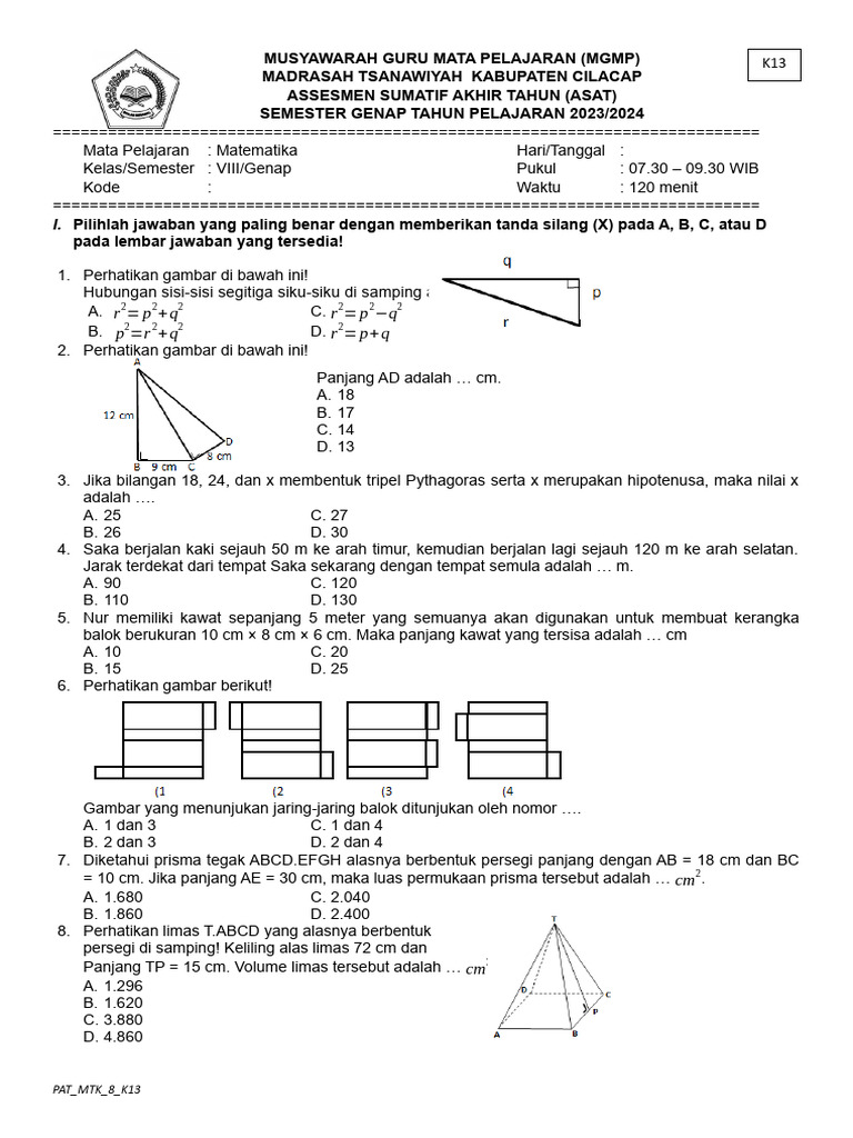 Soal Pat MTK 8 K13 | PDF