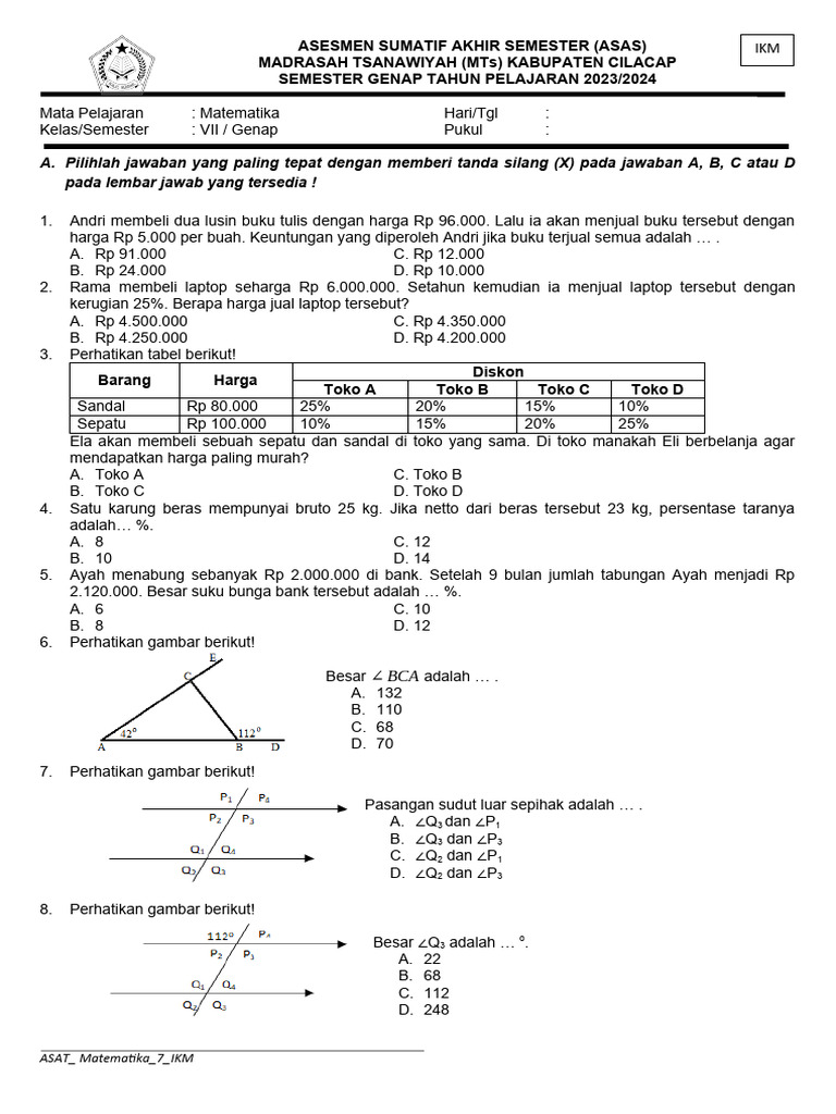 Soal Asat MTK 7 Kurmer | PDF