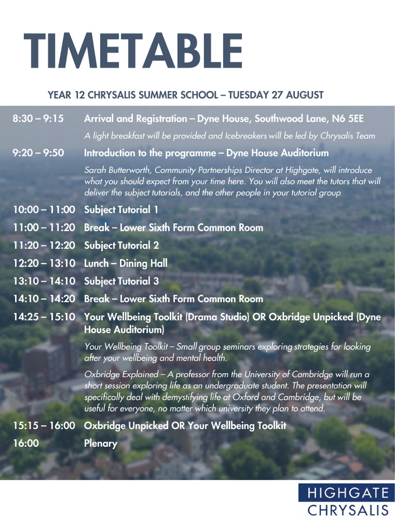 Year 12 Chrysalis Summer School 2019 Timetable | PDF