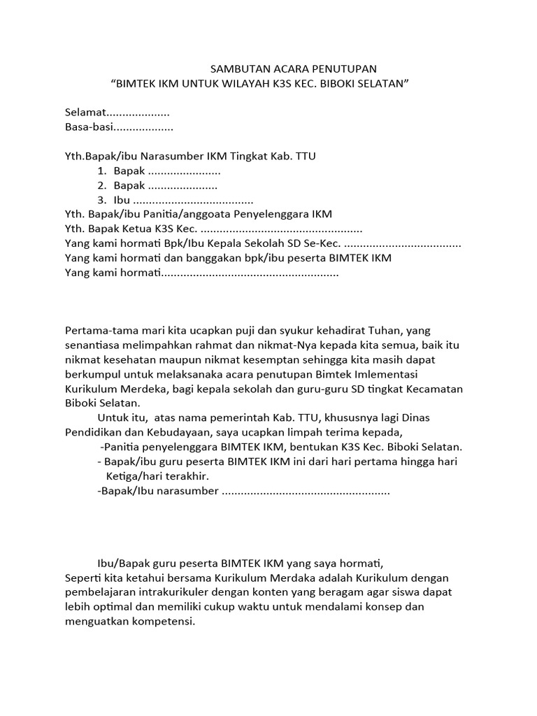 Sambutan Acara Penutupan Bimtek Ikm | PDF