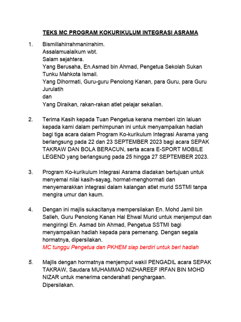 MC Program Ko-kurikulum Asrama 2023 | PDF