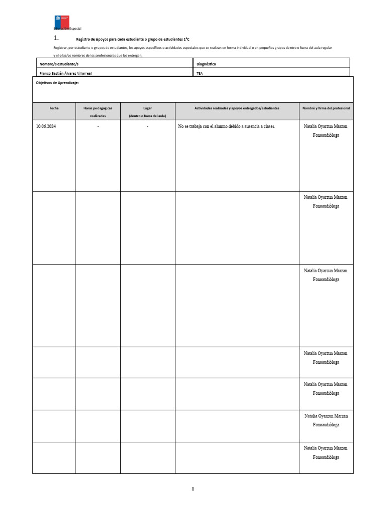 Registros Fonoaudiológicos 1ro C | PDF | Educación especial | Cognición