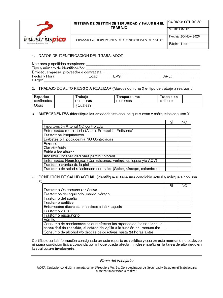 Autoreporte Condiciones Salud Trabajos Alto Riesgo | PDF | Causas de la ...