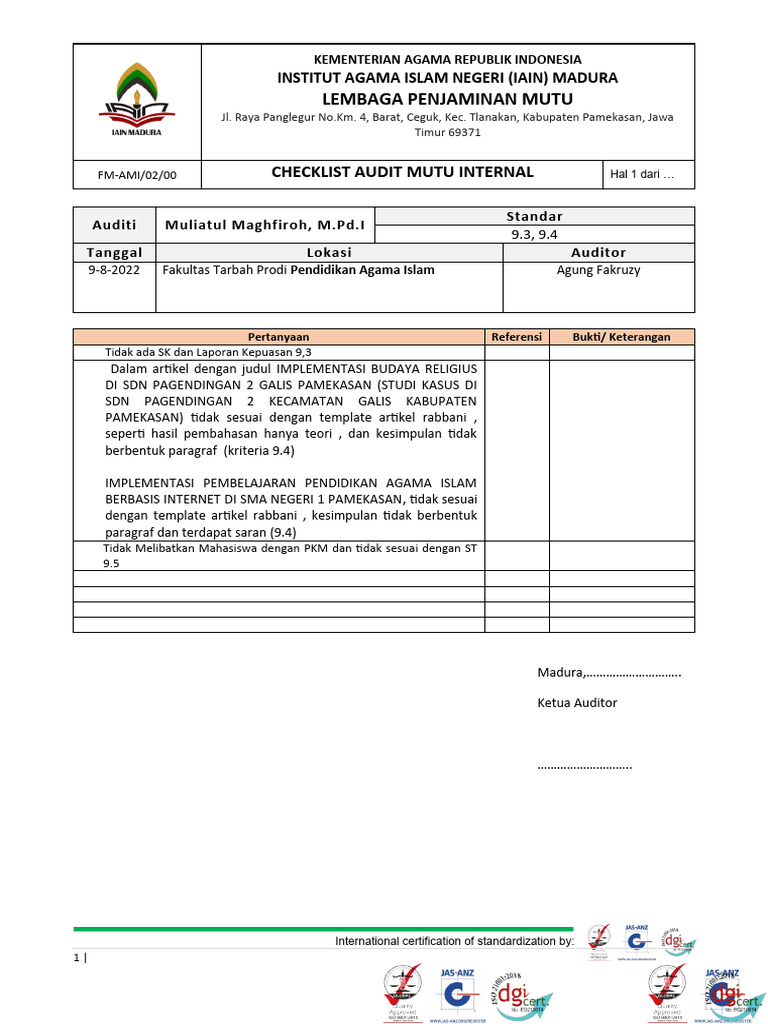 FM-02-Checklist Audit | PDF